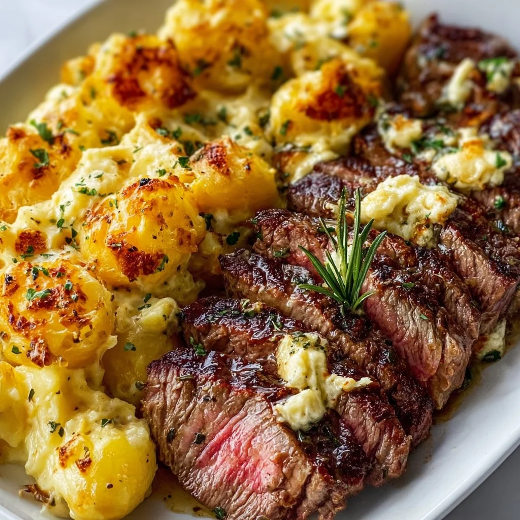 Garlic Butter Steak & Cheddar Potato Bake