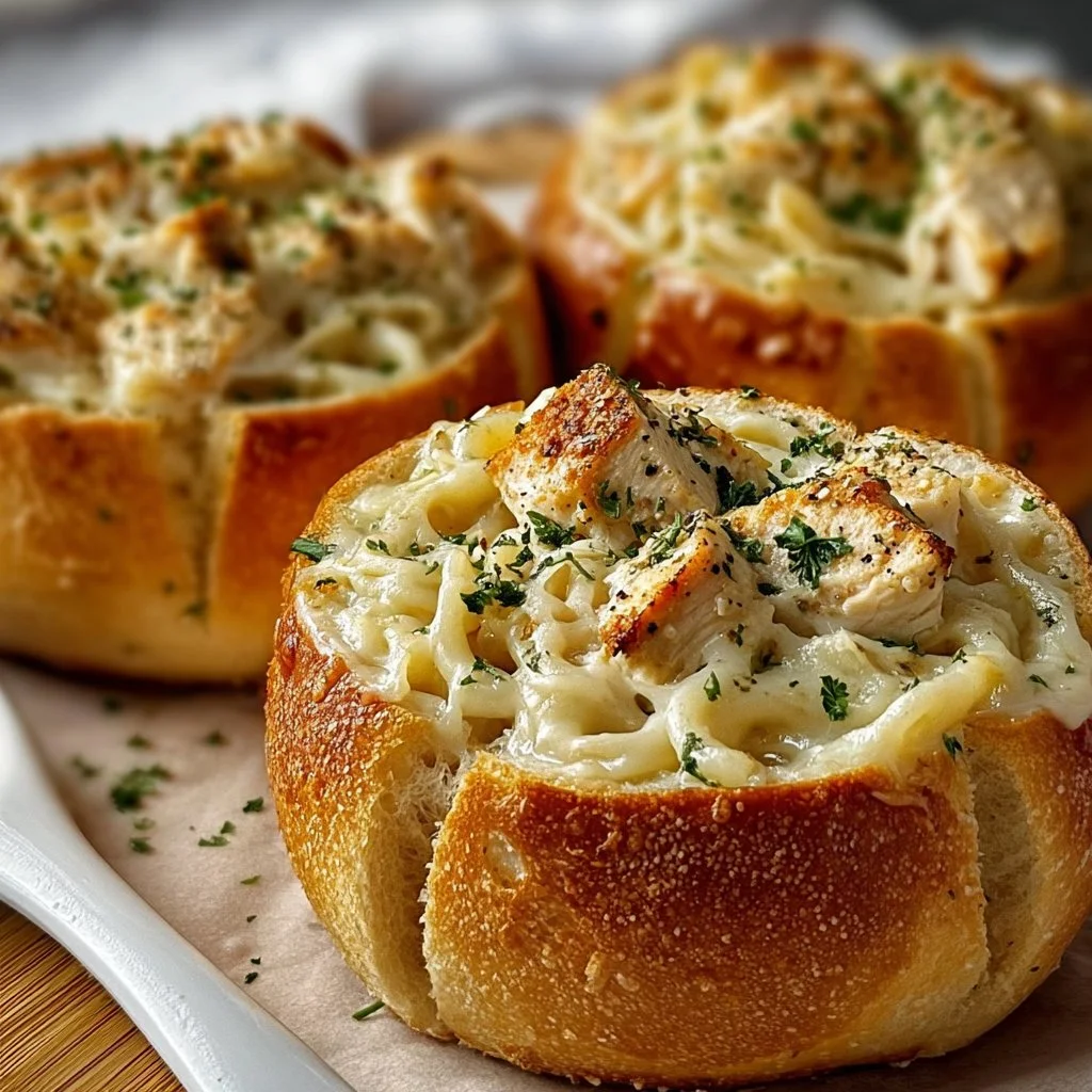 Chicken Alfredo Garlic Bread Bowls