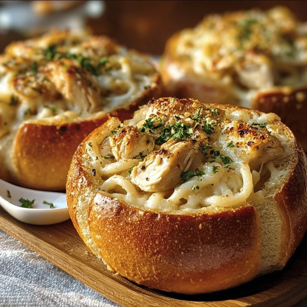 Chicken Alfredo Garlic Bread Bowls