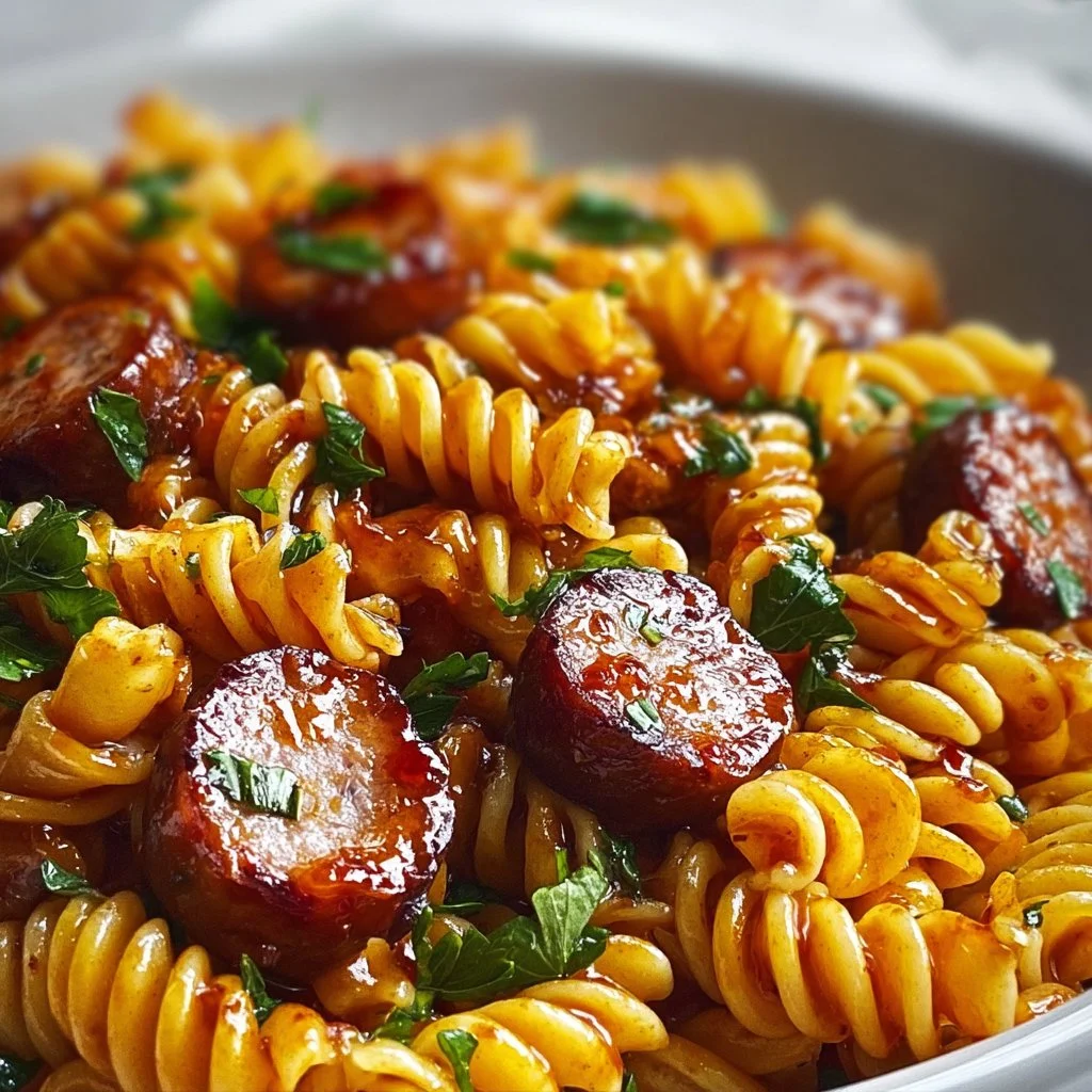 One-Skillet Spicy Honey BBQ Sausage & Pasta