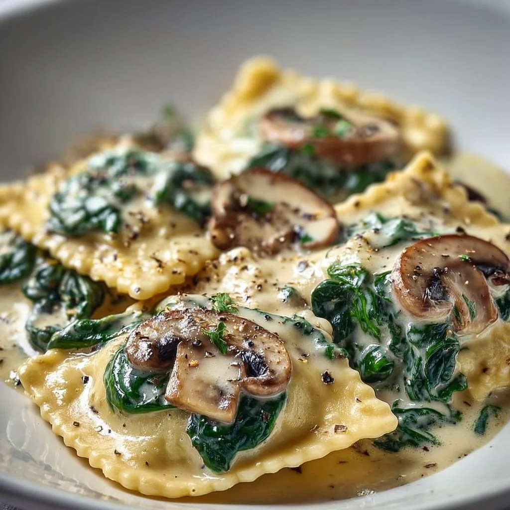 Spinach and Mushroom Alfredo Ravioli
